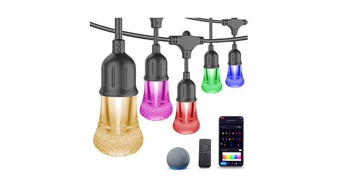 48Ft LED Bulb String Lights Outdoor Compatible with Alexa/Google ...