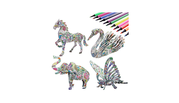 KAZOKU 3D Coloring Puzzle Set,4 Animals Puzzles with 12 Pen Markers ...