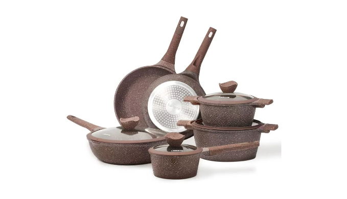 Carote Nonstick Granite Cookware Sets, 10 Pcs Brown Granite Pots and ...