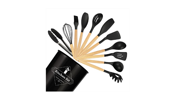 Kitchen Utensil Set Silicone Cooking Utensils，Easy to Clean Wooden ...