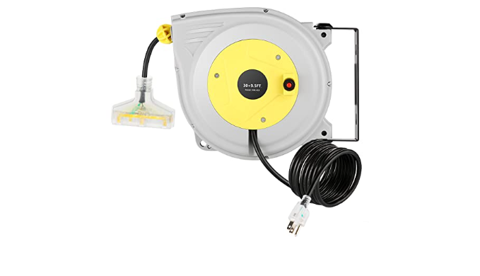 30FT + 9.5FT Retractable Extension Cord Reel, 16 Gauge Power Cord Reel ...