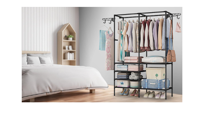 NewHome Freestanding Clothes Garment Hanging Rack with 4 Side Hooks & 4 ...