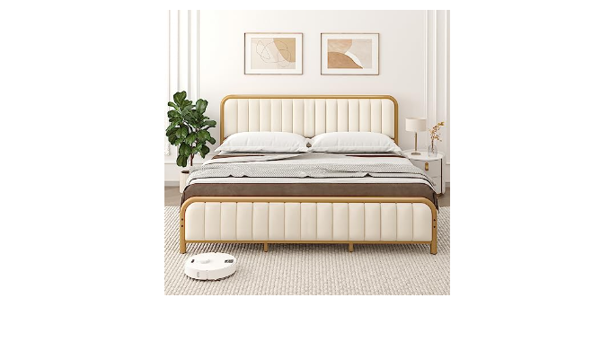 DOGIBIXO Gold Bed Frame Queen Size with LED Lights, Beige Upholstered ...