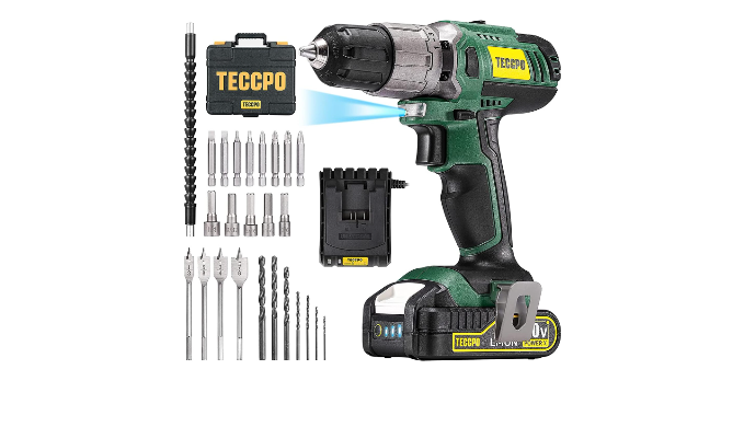 TECCPO Home Tool Kit & Drill, 63Pcs, 2.0Ah Battery and 1 Hour Fast ...