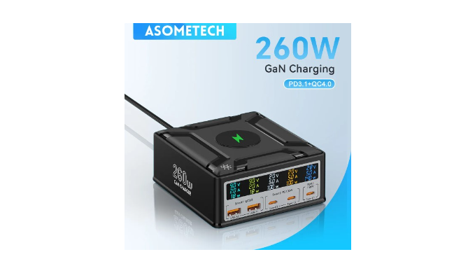 ASOMETECH 260W USB C GaN Charger Wireless Charger PD3.1 QC3.0 Fast Charger PPS 5-Port Fast ...