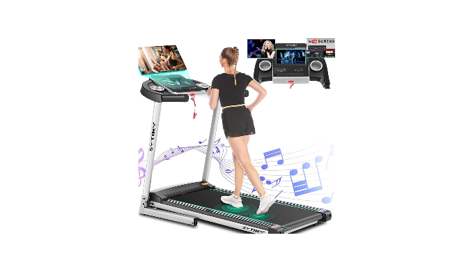 SYTIRY Treadmill with 10″ HD TV Touchscreen,Folding 3.25HP Brushless ...
