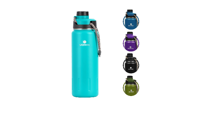 Insulated Water Bottles 24 oz, Santeco Stainless Steel Bottles with Lanyard & Wide Mouth Spout ...