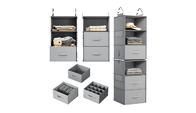 Pipishell 6-Shelf Hanging Closet Organizer, 3-Tier Removable Drawers ...
