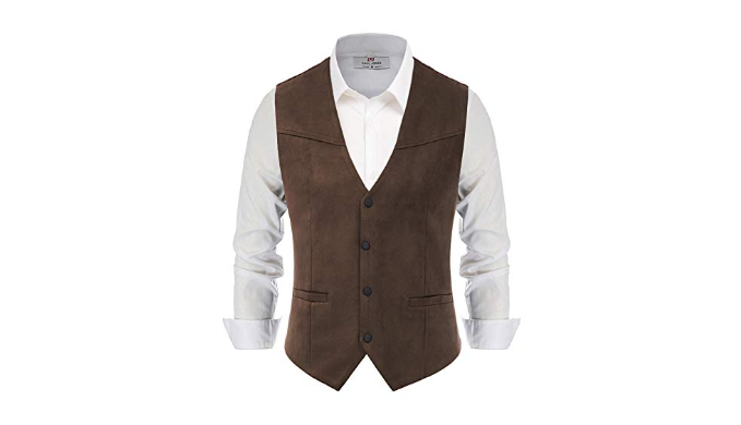 PJ PAUL JONES Men’s Suede Leather Suit Vest Slim Fit V-Neck Western ...