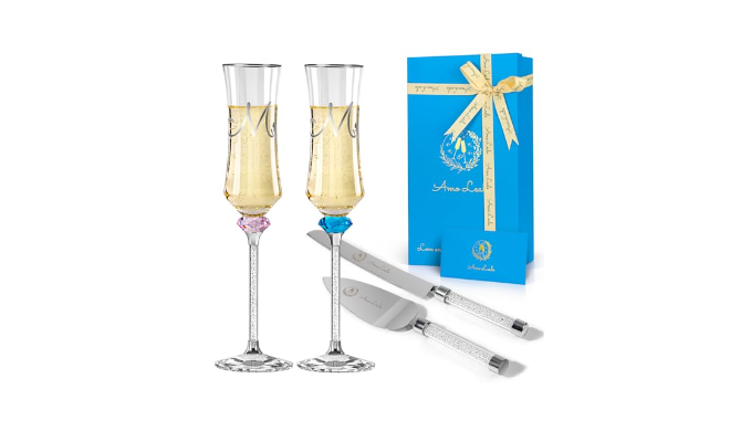 Amo Leale Wedding Champagne Flutes and Cake Knife Server Set for ...