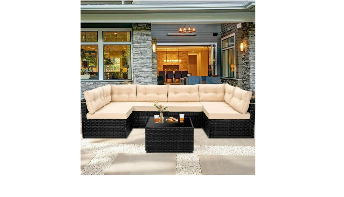7 Piece Rattan Sectional Sofa Set, Outdoor Conversation Set, All ...
