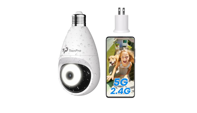 TKENPRO 5G&2.4GHz Light Bulb Security Camera, Dual Band IP65 Waterproof ...