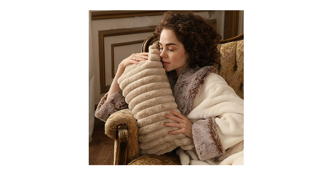 Amélie Home Jacquard Striped Plush Faux Fur Pillow Cover, Decorative ...