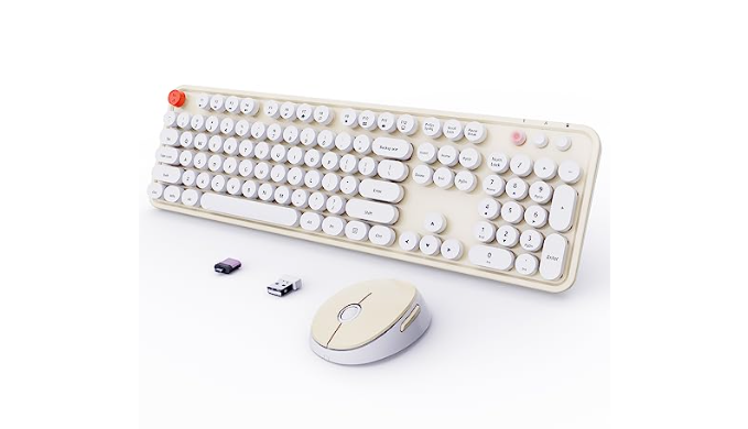 Wireless Keyboard and Mouse Combo, Ergonomic Full Size Typewriter Retro ...
