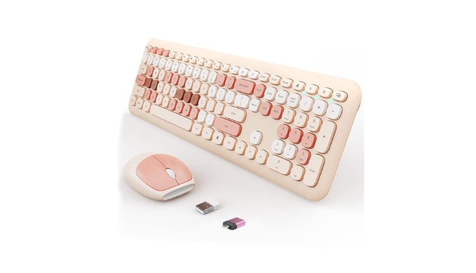 Wireless Keyboard And Mouse Combo Colorful Ergonomic Full Size Retro Low Noise Keyboard With
