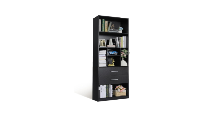 SEJOV Black Bookshelf, 71 Inch Tall Bookcase with 2 Drawers, Modern ...