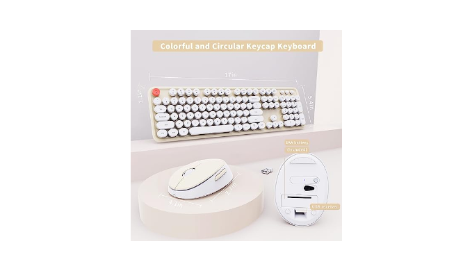 Wireless Keyboard and Mouse Combo, Ergonomic Full Size Typewriter Retro ...