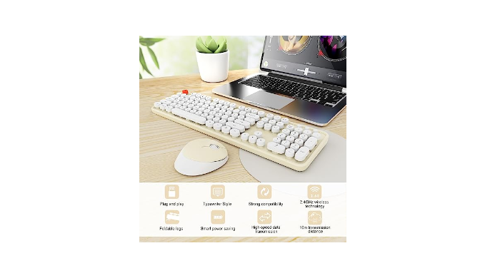 Wireless Keyboard and Mouse Combo, Ergonomic Full Size Typewriter Retro ...