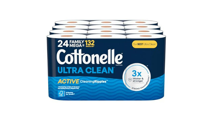 Cottonelle Ultra Clean Toilet Paper with Active CleaningRipples Texture, 24 Family Mega Rolls ...