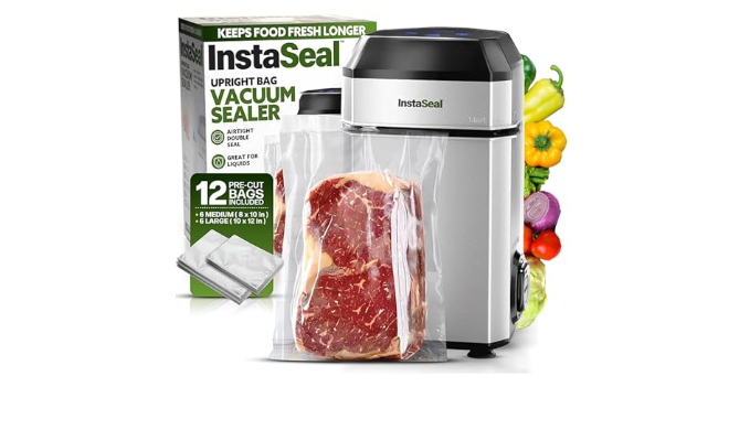 InstaSeal Food Vacuum Sealer Machine with 12 Bags, Compact Upright Food ...