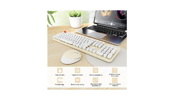 Wireless Keyboard and Mouse Combo, Ergonomic Full Size Typewriter Retro ...