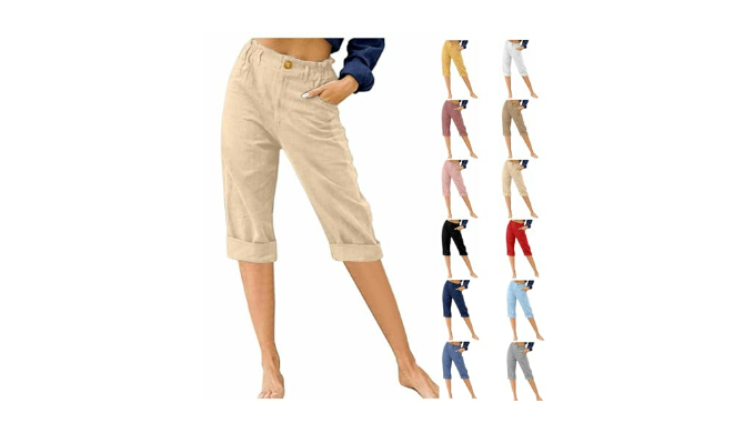 APIVOE Womens Cotton Linen Capri Pants Summer Plus Size Capris Casual ...