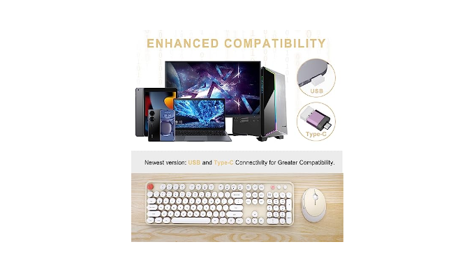 Wireless Keyboard and Mouse Combo, Ergonomic Full Size Typewriter Retro ...