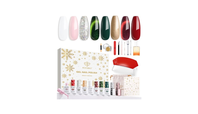 Modelones 8 Colors Gel Nail Polish Kit with U V light, Green Cat Eye Red Gold Sparkle White ...