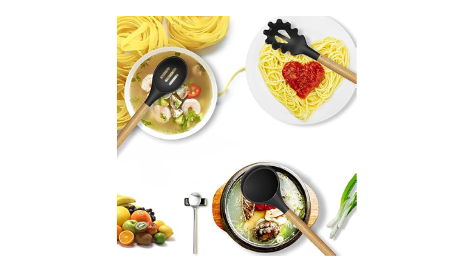 15-Piece Silicone Wooden Handle Kitchen Utensils Set, Cooking Tools ...