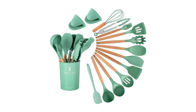 15-Piece Silicone Wooden Handle Kitchen Utensils Set, Cooking Tools ...