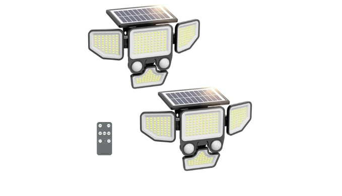 3000LM Solar Lights Outdoor, 4 Heads Solar Security Lights with Remote Control, IP65 Waterproof ...