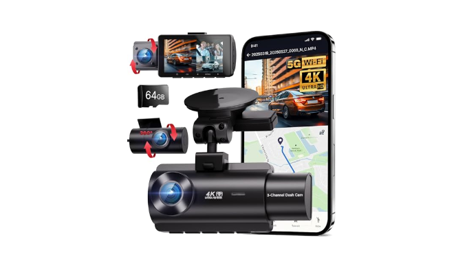QCONTROL 4K 5G WiFi 3 Channel Dash Cam Front and Rear Inside, 4K+1080P ...