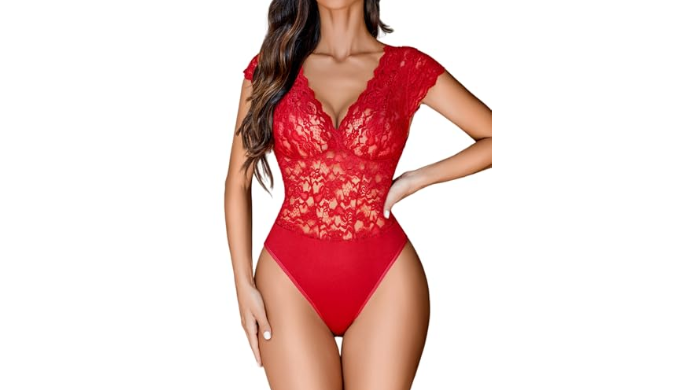 Avidlove Red Teddy Lingerie Sexy Bodysuit Tops for Women Going Out Concert Outfits V Neck Lace ...