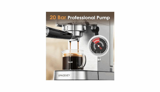 Spacekey Espresso Machine 20 Bar, Professional 1350W Espresso Maker with Milk Frother, Compact ...