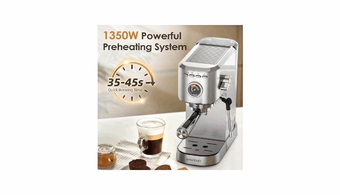 Spacekey Espresso Machine 20 Bar, Professional 1350W Espresso Maker with Milk Frother, Compact ...