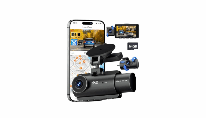 QCONTROL® 4K 5G WiFi 3 Channel Dash Cam Front and Rear Inside, 4K+1080P ...