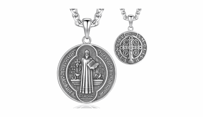 SPRINI St Benedict Medal Necklace, 1.1″ x 1.1″ 925 Sterling Silver ...