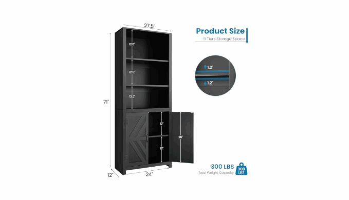 SEJOV Tall Bookshelves, 5-Tier Farmhouse Bookshelf with Cabinet Doors ...