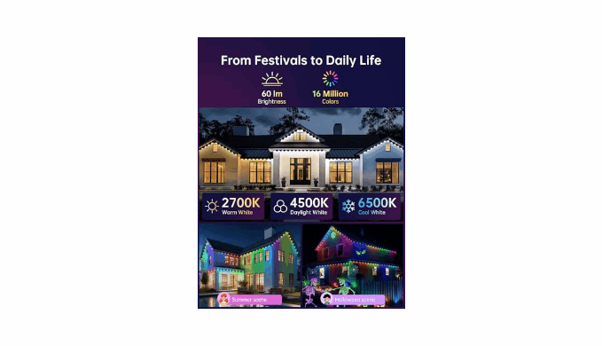 lemonlovely Permanent Outdoor Lights, 150ft with 75 IC+RGB+Warm & Cool ...