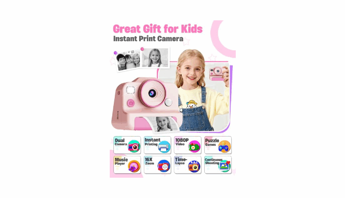 Instant Print Camera for Kids, Front Rear Dual Selfie Kids Camera with ...