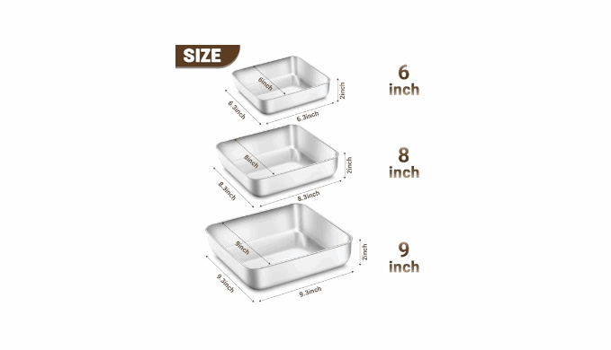 Gymdin 6,8,9 Inch Square Cake Pan Set of 3 - Non-Toxic Stainless Steel ...
