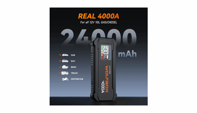 WOLFBOX JS24 4000A Portable Jump Starter Battery Pack Power Bank W/ LED ...