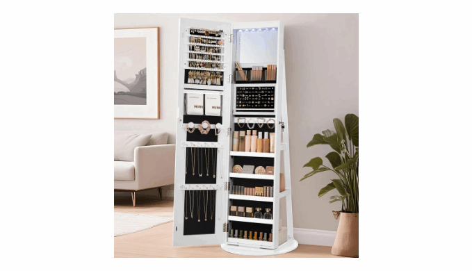 LED Mirror Jewelry Cabinet Standing, Lockable Jewelry Armoire with Full ...