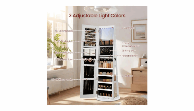 LED Mirror Jewelry Cabinet Standing, Lockable Jewelry Armoire with Full ...