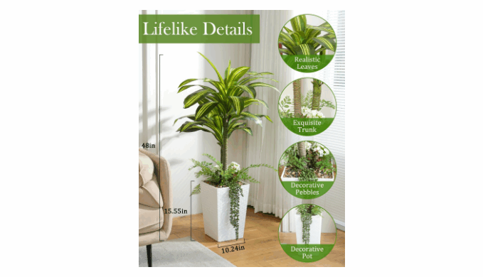 Artificial Plants Indoor, 4FT Tall Fake Tree with White Tall Planter ...