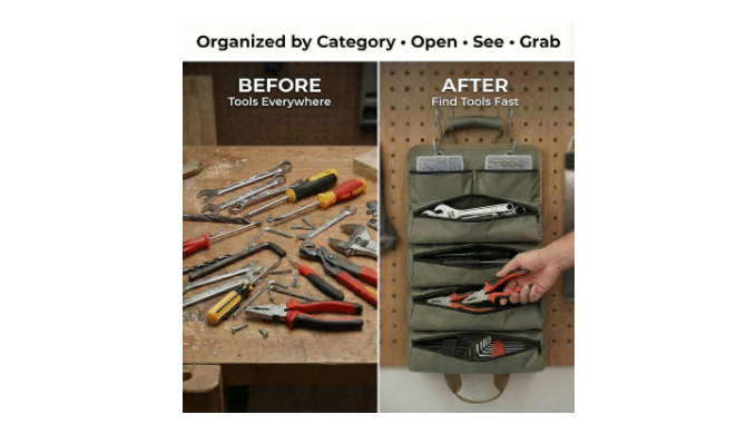 Tool Bag for Hand Tools: 6 Zipper Pockets Keep Tools Sorted - Hang-Open ...